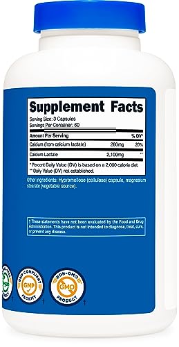 Nutricost Calcium Lactate 2,100mg; 180 Capsules - Vegan, Non-GMO and Gluten Free, 60 Servings