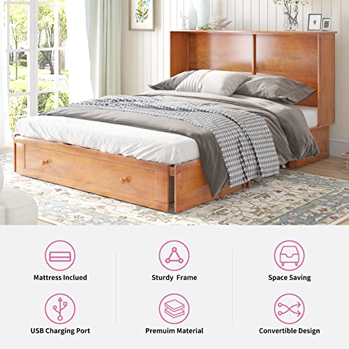 Mixoy Queen Size Murphy Cube Bed,Queen Murphy Cube Cabinet Chest Bed with 3 Level Folding Memory Foam Mattress & USB Charging Station& Large Drawers (Russet Brown,Poplar)