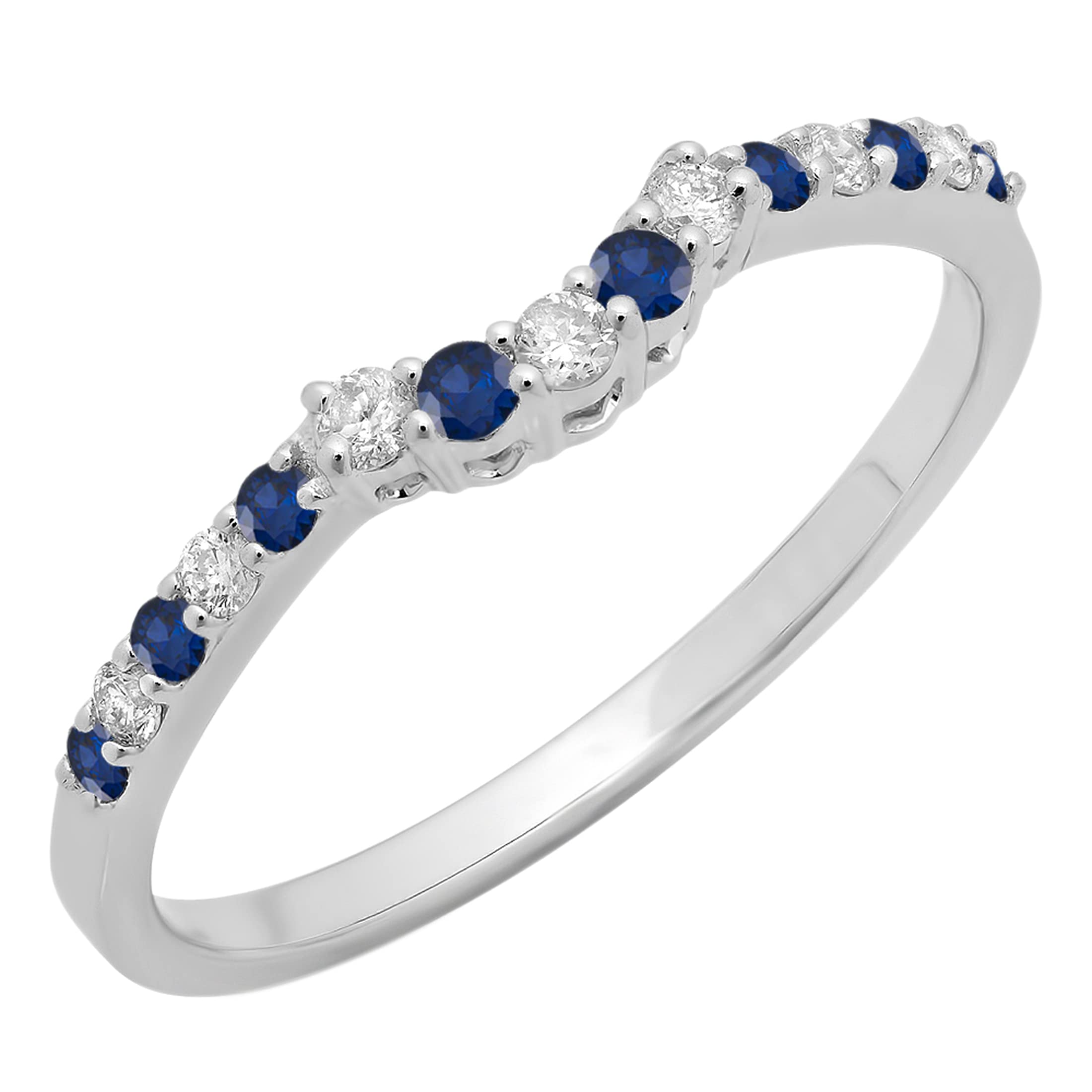 Dazzlingrock Collection Alternating Round Blue Sapphire & White Diamond Contour Wedding Stackable Ring for Her in 14K White Gold Size 5.5