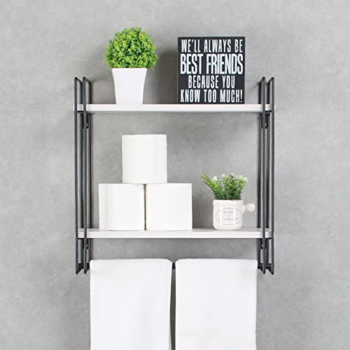 Industrial Bathroom Shelves with Towel Bar,24 inch Rustic Racks for Bathroom,2 Layers Farmhouse Rack Over Toilet,Pipe Wall Mounted,Home Decor Floating Holder (White)