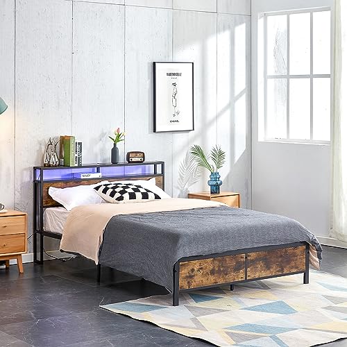 Industrial Modern Full Size Bed Frame with LED Lights and 2 USB Ports,with Wood Shaving Headboard and Platform Bed Frame,Bearing Capacity Up to 900 (Full, Rustic Brown)