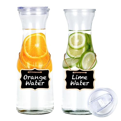 Richro Glass Carafe With Lids & Tags, Beverage Dispensers Jugs For Mimosa Bar, Glass Pitcher Wine Iced tea Milk and Juice, water pitcher for fridge with sliding Lids, Dishwasher Safe, 33 oz, Set of 2