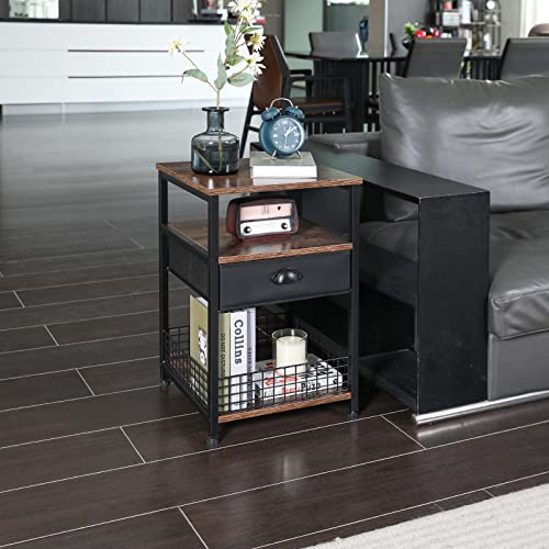 Industrial Nightstand, Bedside Table End Table with Storage Drawer, Open Wood Shelf, 16βx 16β Side Table with Adjustable Feet, for Bedside Sofa Couch, Living Room, Bedroom, Black and Brown