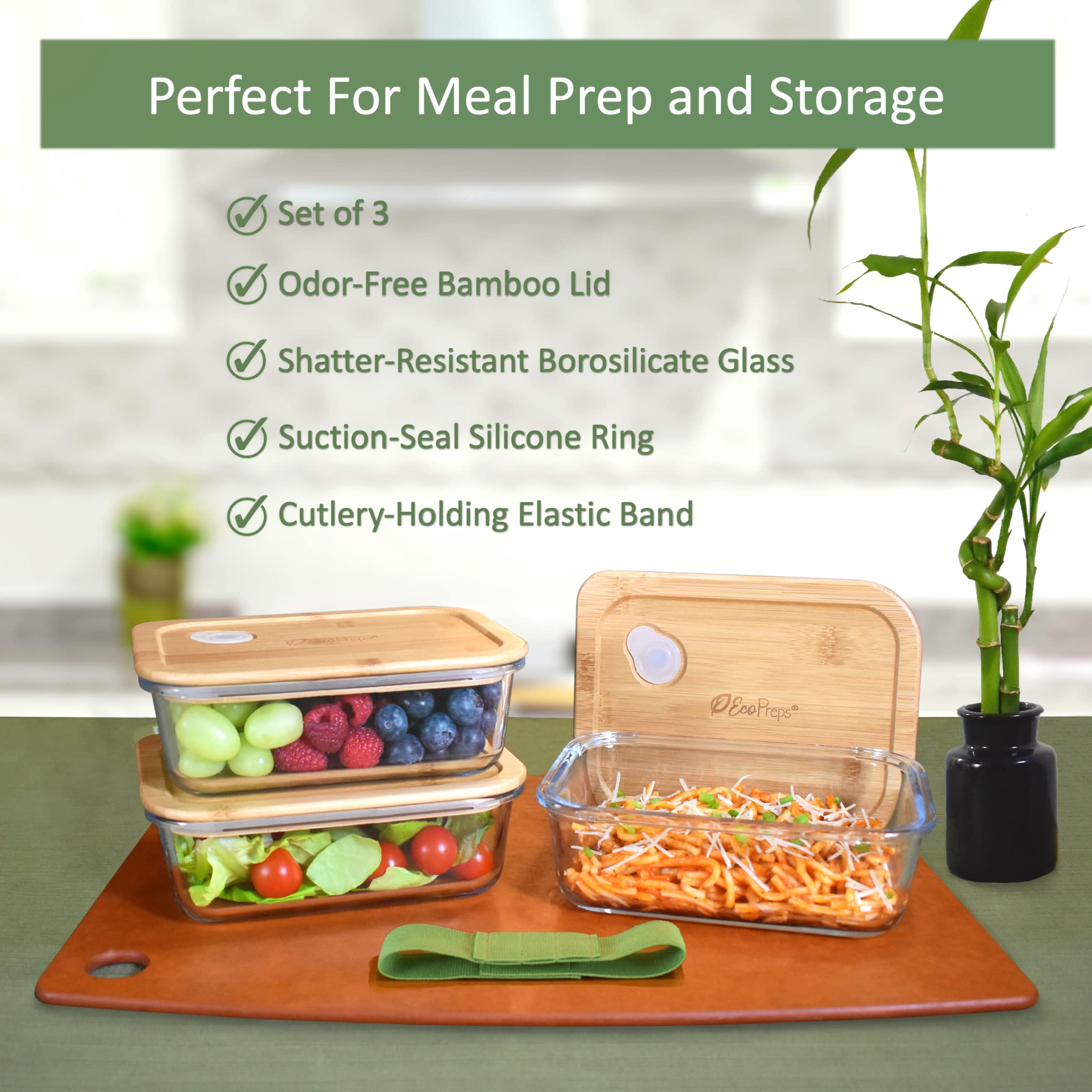 EcoPreps Glass Meal Prep Containers with Bamboo Lids [3 Pack] 100% Plastic Free, Eco-Friendly Glass Lunch Containers, Bamboo Lid Storage Containers, Oven & Microwave Safe Glass Food Storage Containers