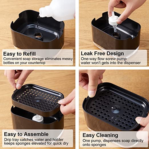 Dish Soap Dispenser | Dishwashing Soap Dispenser | Sponge Holder for Kitchen Sink | Dish Soap Dispenser with Sponge Holder | Hand Single Press Easy Use Capacity (Black)