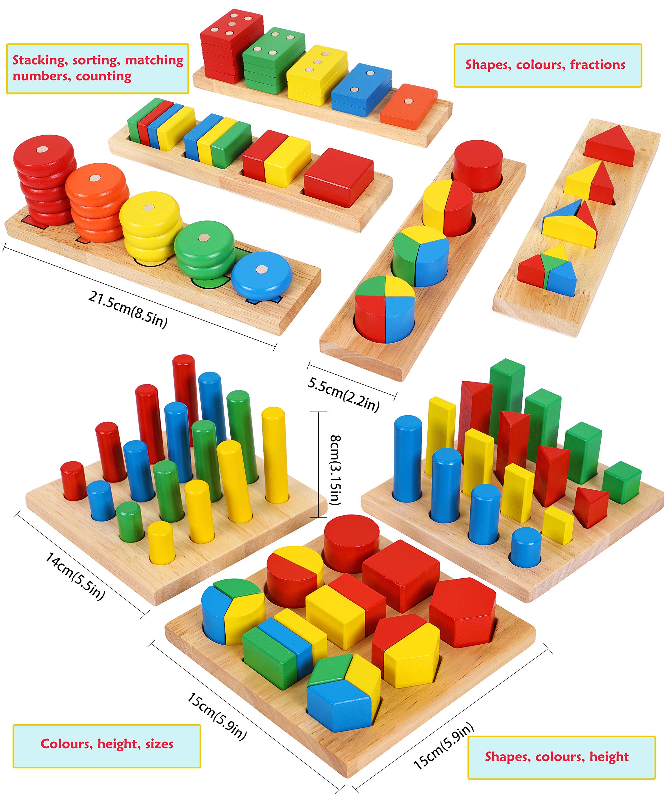 TOWO Wooden Geometric Shapes Stacking Rings and Fractions Boards 8 in 1 Set Puzzles- Shape Sorter Sorting Toy Stacking Game β Montessori Materials Educational Learning Toys for 3 4 5 6 Years