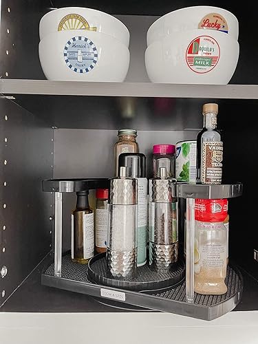 Spice Rack Organizer for Cabinet 2 Tier Lazy Susan Organizer Holds 40 Spice Jars with Double Spinner on Bottom Spice Shelf for Kitchen Pantry Organization and Storage by Stow-n-Spin Made in USA