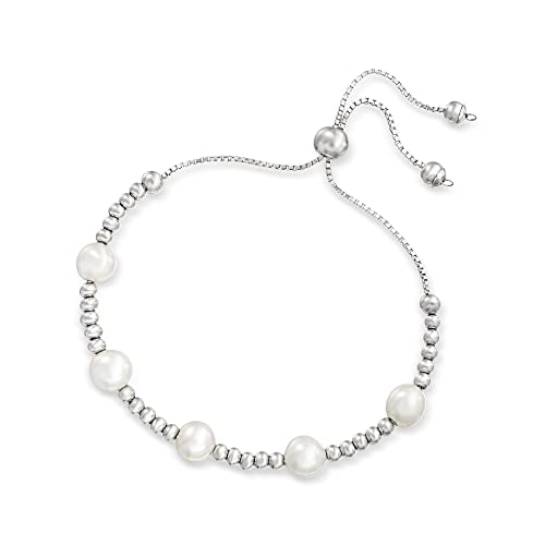 Ross-Simons 7-7.5mm Cultured Pearl and Sterling Silver Bead Station Bolo Bracelet