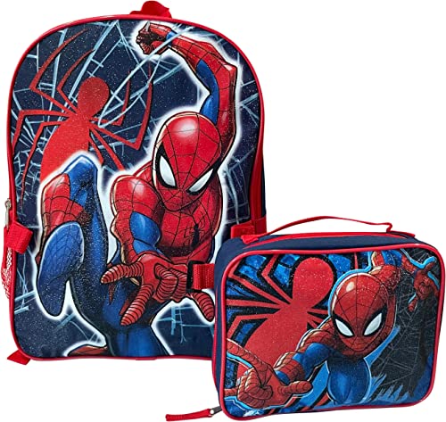 Spider-Man 15 Inch Kids Backpack With Removable Lunch Box Set (Navy Blue-Red)