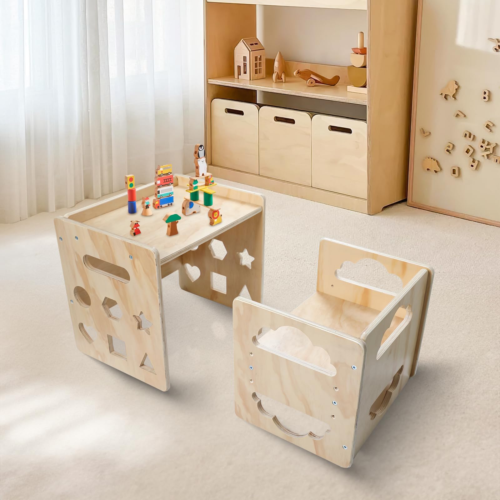 Montessori Weaning Table and Chair Set, Wooden Toddler Table and Chair Set Kids Activity Table Step Stools with Blackboard & 3 Heights Adjustable, 1-3 Age Kids Funiture for Eating Drawing Reading