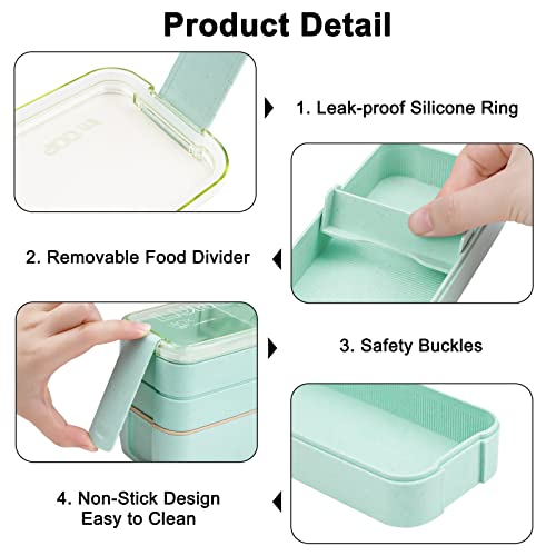 MOAMUN 2PCS Stackable Bento Box, 3-In-1 Bento Lunch Box with Spoon and Fork, Japanese Lunch Box with 2PCS Mini Condiment Squeeze Bottles, Meal Prep Containers for Kids and Adults (Green+Beige)