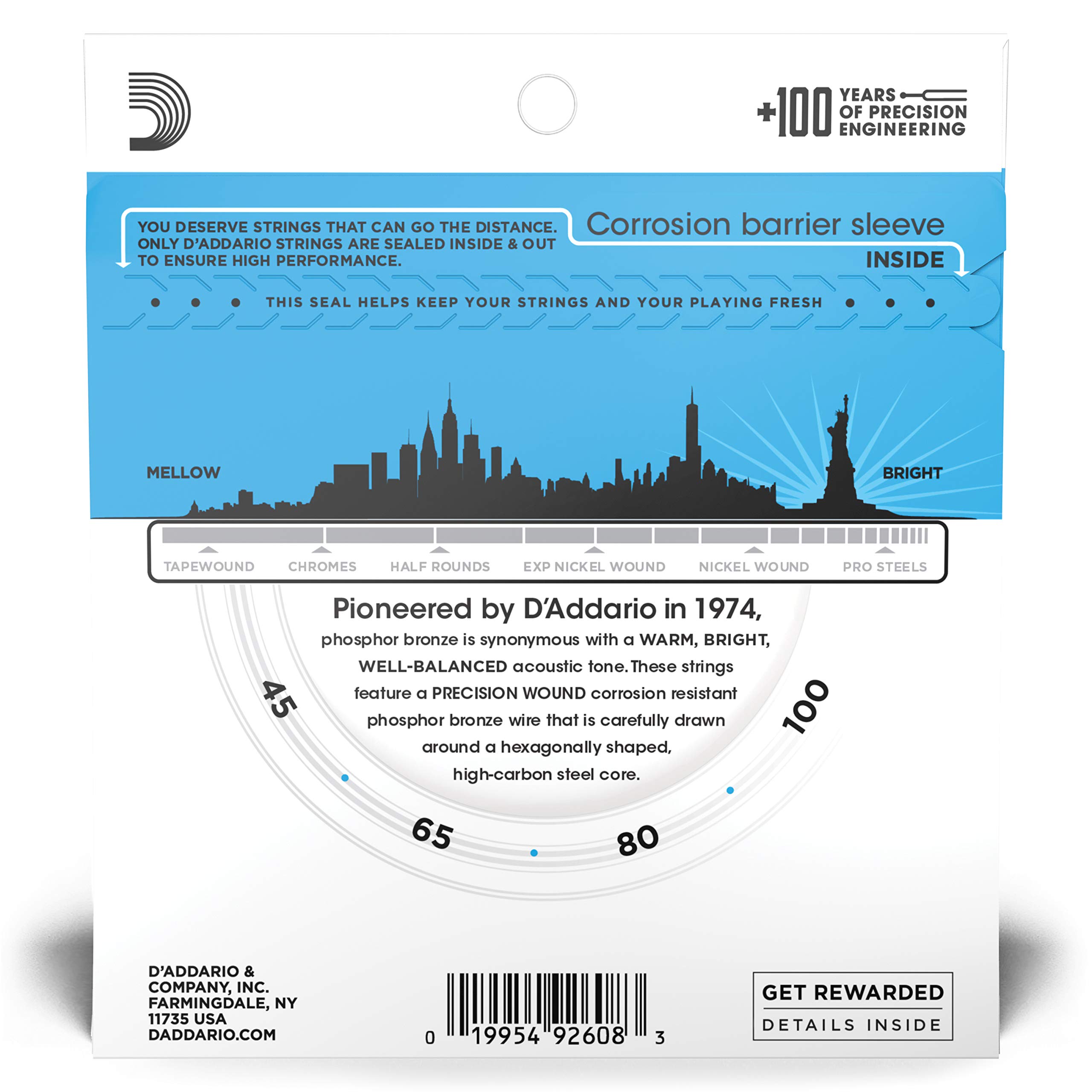 D'Addario Acoustic Bass Guitar Strings - Acoustic Bass Strings - Phosphor Bronze - EPBB170 - Acoustic Bass Guitar 4 String Set - 45-100 Gauge - 1 Pack