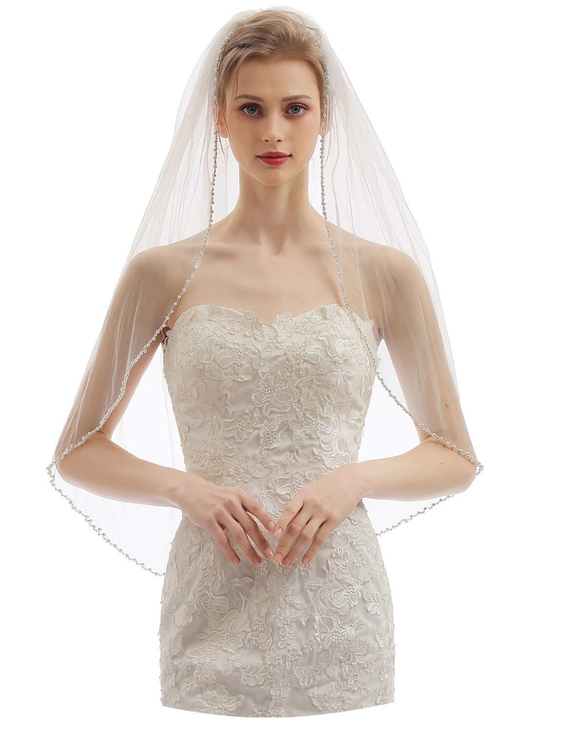 ELAWBTY Womens 1 Tier Fingertip Length Short Crystal Beaded Wedding Bridal Veil With Comb X09 Ivory