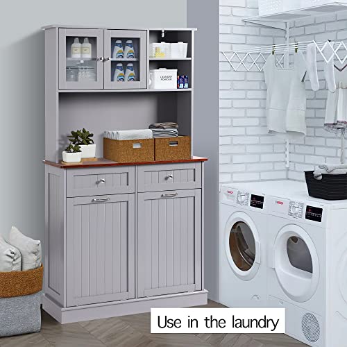 LOUVIXA Kitchen Pantry Storage Cabinet, Microwave Cabinet with Tilt Out Trash Cabinet, Freestanding Kitchen Hutch,Tall Pantry Cabinet Cupboard (Grey)