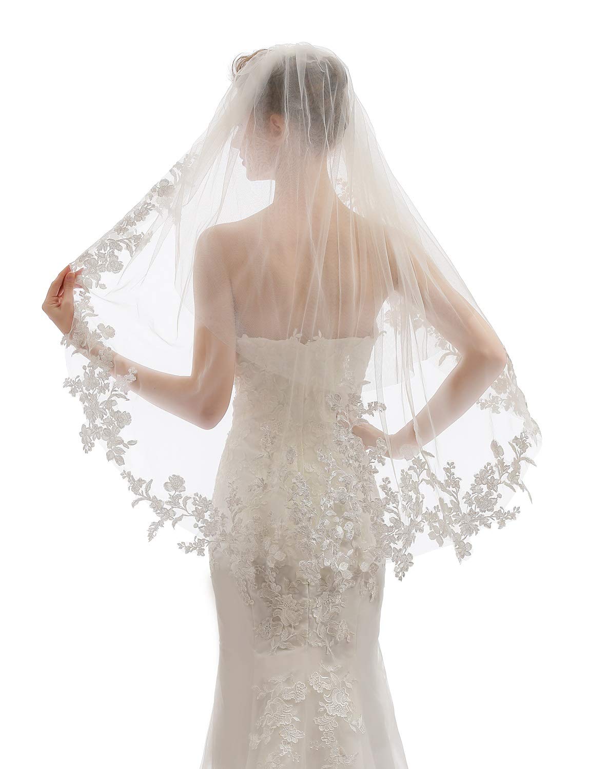 ELAWBTY Womens 2 Tier Fingertip Length Short Lace Wedding Bridal Veil With Comb X07 Ivory