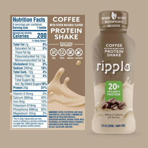 Ripple Vegan Protein Shake | Coffee Flavor | 100mg of Caffeine | 20g Nutritious Plant Based Pea Protein | Shelf Stable | Free of GMOs, Soy, Nut, Gluten, Lactose | 12 oz, Pack of 12