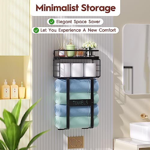 herehomi Floating Shelves for Wall, 2 in 1 Floating Shelves with Towel Racks for Bathroom, Bathroom Shelf Wall Shelf Towel Rack, Bathroom Towel Holder Bathroom Shelf Organizer Wall Mounted, Black