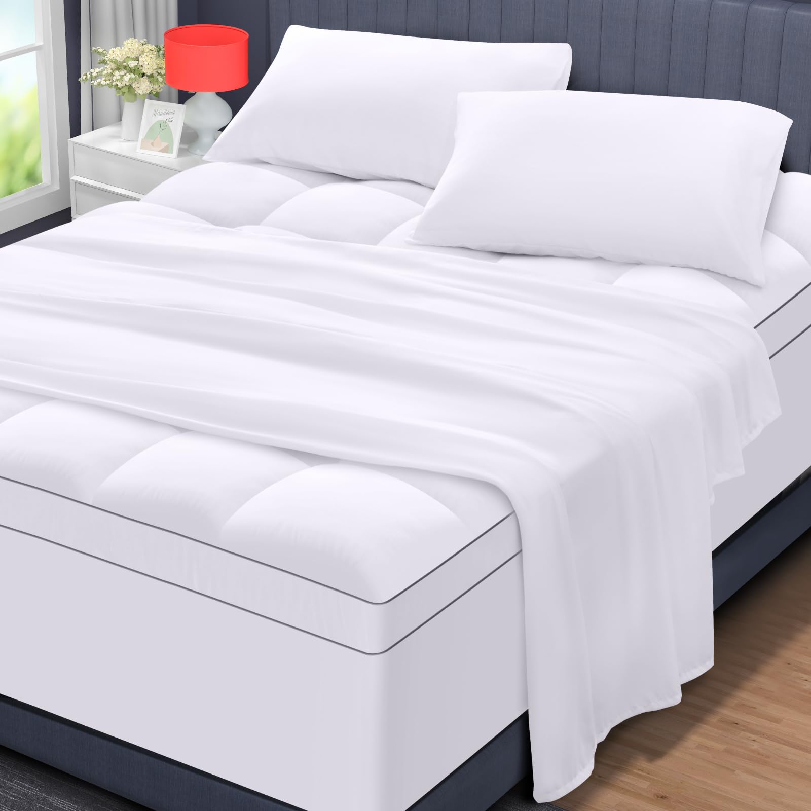 MASVIS Mattress Topper with Flat Sheet and Pillowcases - Queen Size Extra Thick Mattress Pad Cover for Back Pain - Soft Bedding Sheet - Overfilled Plush Pillow Top with 8-21 Inch Deep Pocket - White