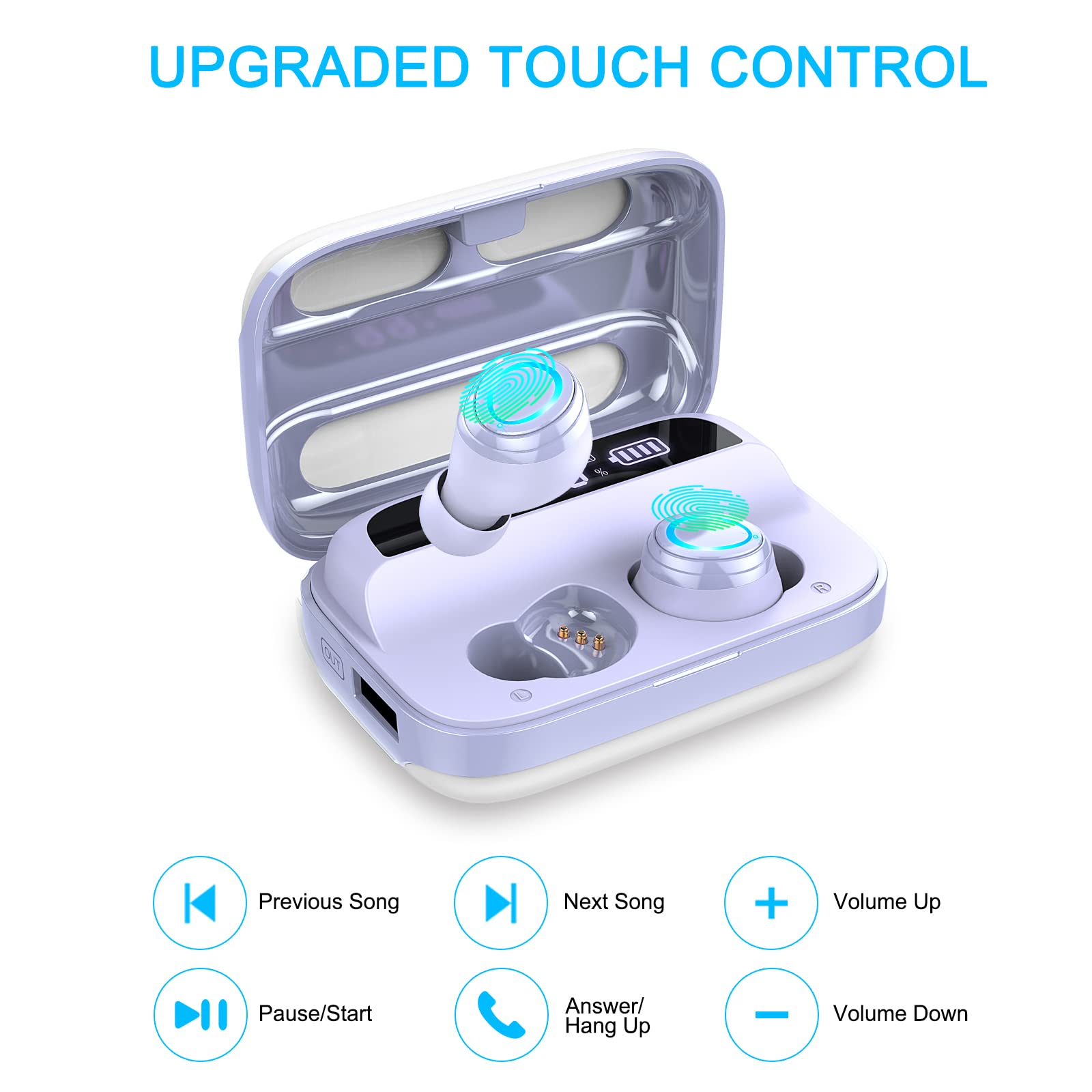 Donerton Wireless Earbud 5.3 Headphones 80 Hours Playtime Earphones with Charging Case, in Ear Headset IP7 Waterproof Earbud Noise Cancelling Microphone, LCD Display, for Working, Purple