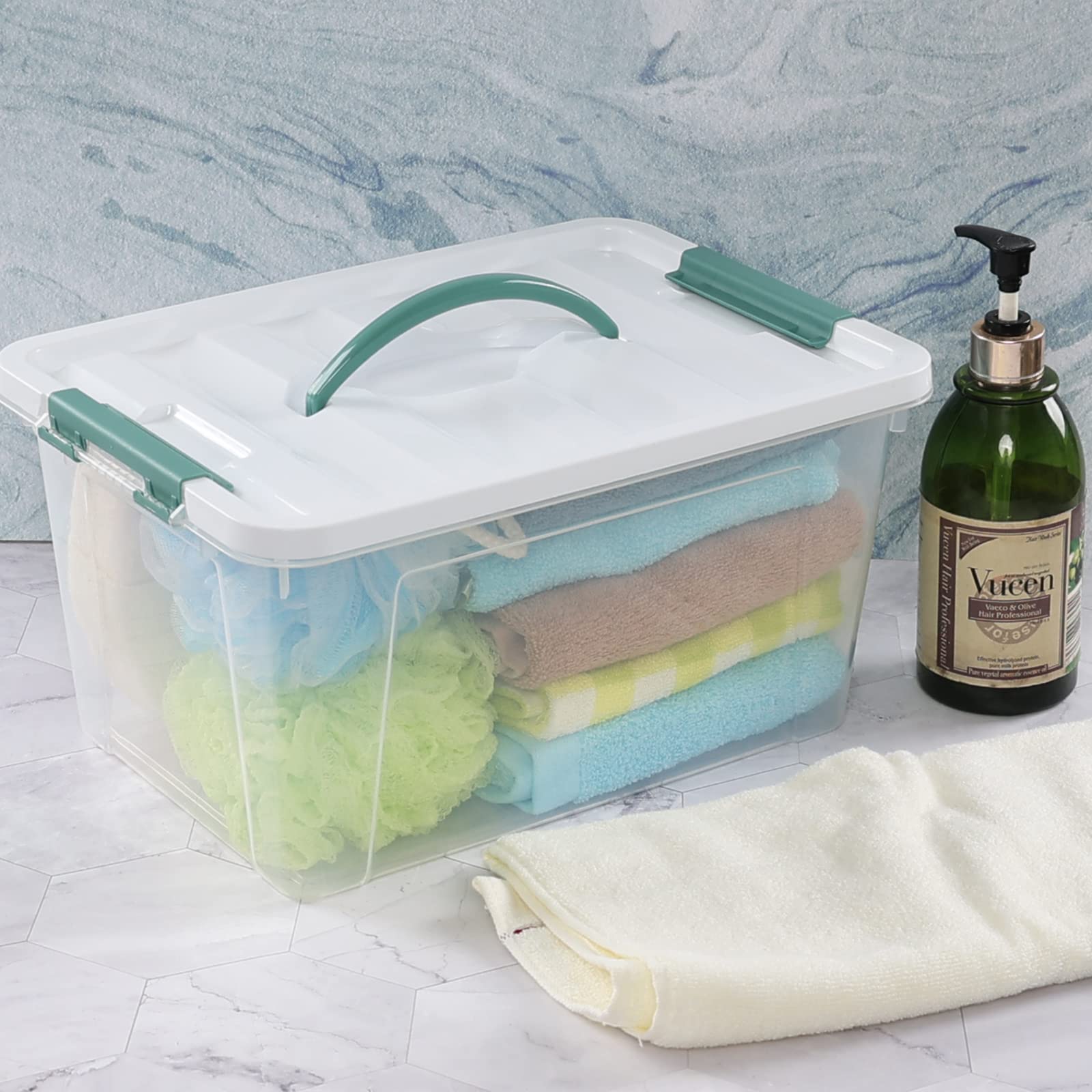 Pekky 1 Pack Plastic Small Latch Storage Box, 14 Quart Clear Lidded Storage Bin with Green Handle