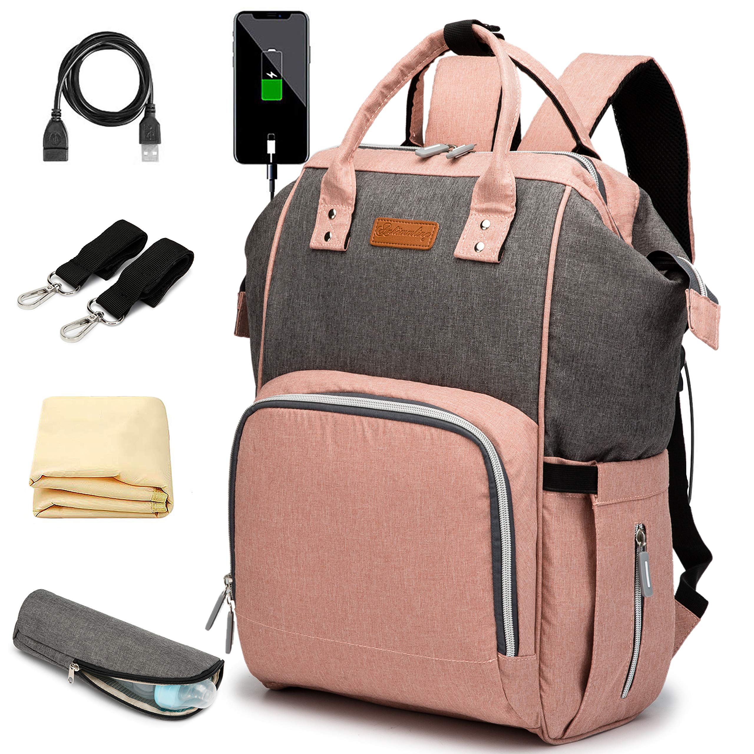 Diaper Bag Backpack for Baby with Insulated Pockets Stroller Straps Changing Pad and USB Charging Port, Large Capacity, Waterproof, Pink&Gray