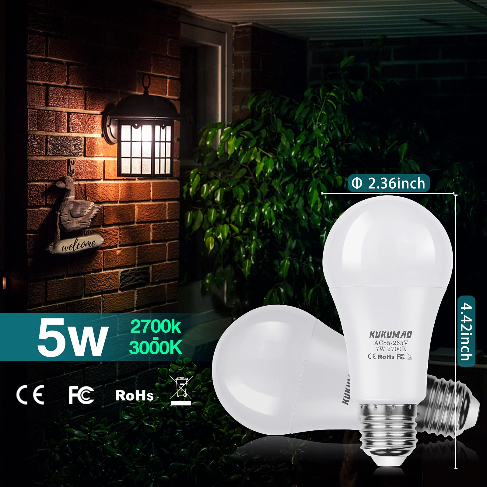 Dusk to Dawn Lights Bulb Sensor Light Bulbs Smart Lighting Lamp 7W (60 Watt) 700lm A19 Automatic On/Off, Indoor/Outdoor E26 LED Bulb Light for Yard Porch Patio Garage Garden (Warm White 2 Pack)
