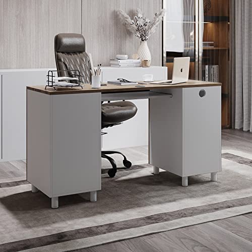 Modern Design By Crafts & comfort Venice Computer Desk - Office Desk with 3 Drawers & CPU Storage Cabinet - Laptop Workstation with Keyboard Tray & Cable Hole - Home & Office Supplies -Cass/White