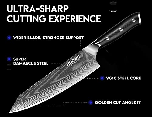 enowo Damascus Chef Knife 8 ", Kitchen Knife with VG-10 Stainless Steel, Japanese Kiritsuke knife with ergonomic G10 Handle Full Tang, Luxury Gift Box, Stain & Corrosion Resistant