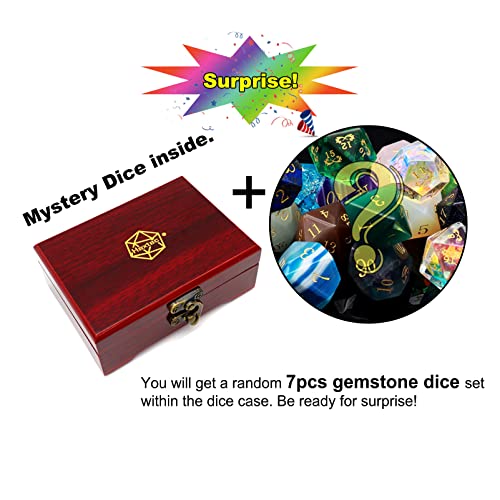Haxtec Mystery Gemstone DND Dice Set with Wood Dice Case DND Gifts for Players Dual-Purpose Wooden Dice Box with Stone D&D Dice Set TTRPG Accessories