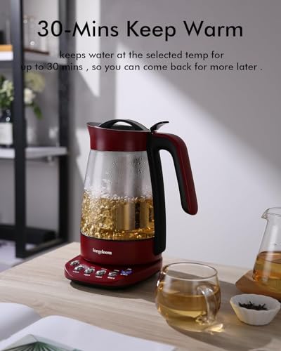 Electric Glass Tea Kettle with Infuser, 1.7L Fast Boiling, Stainless Steel, Temperature Control Tea Maker, BPA Free - Easy Lid Removal & Keep Warm Feature, Red
