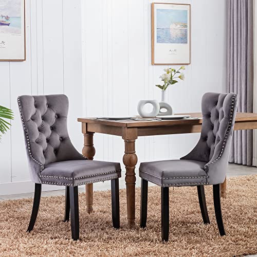 Virabit Tufted Dining Chairs Set of 4, Velvet Upholstered Dining Chairs with Nailhead Back and Ring Pull Trim, Solid Wood Dining Chairs for Kitchen/Bedroom/Dining Room (Grey)
