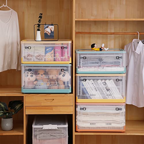 OEMVALATY 2 Packs Storage Bins with Lids,28 Qt. Clear Stackable Lidded Storage Bins,Collapsible Storage Cube Bins with Wheels, Plastic Storage Box Containers with Double Doors for Home, Office, Bedroom, Living Room