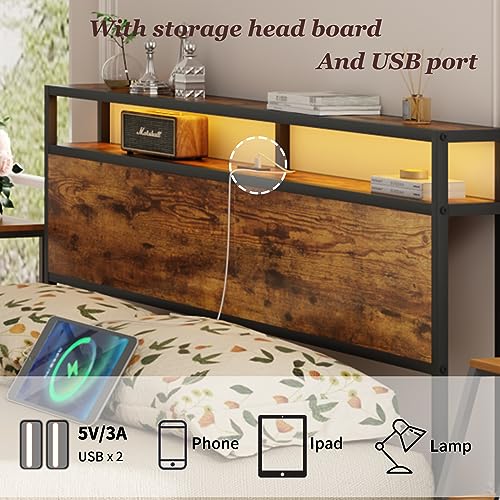 Modern Industrial Bed Frame with LED Lights,2-Tier Storage Headboard with Charging Station,Industrial Metal Platform LED Bed Frame with Outlets and USB Ports,Noise Free,No Box Spring Needed