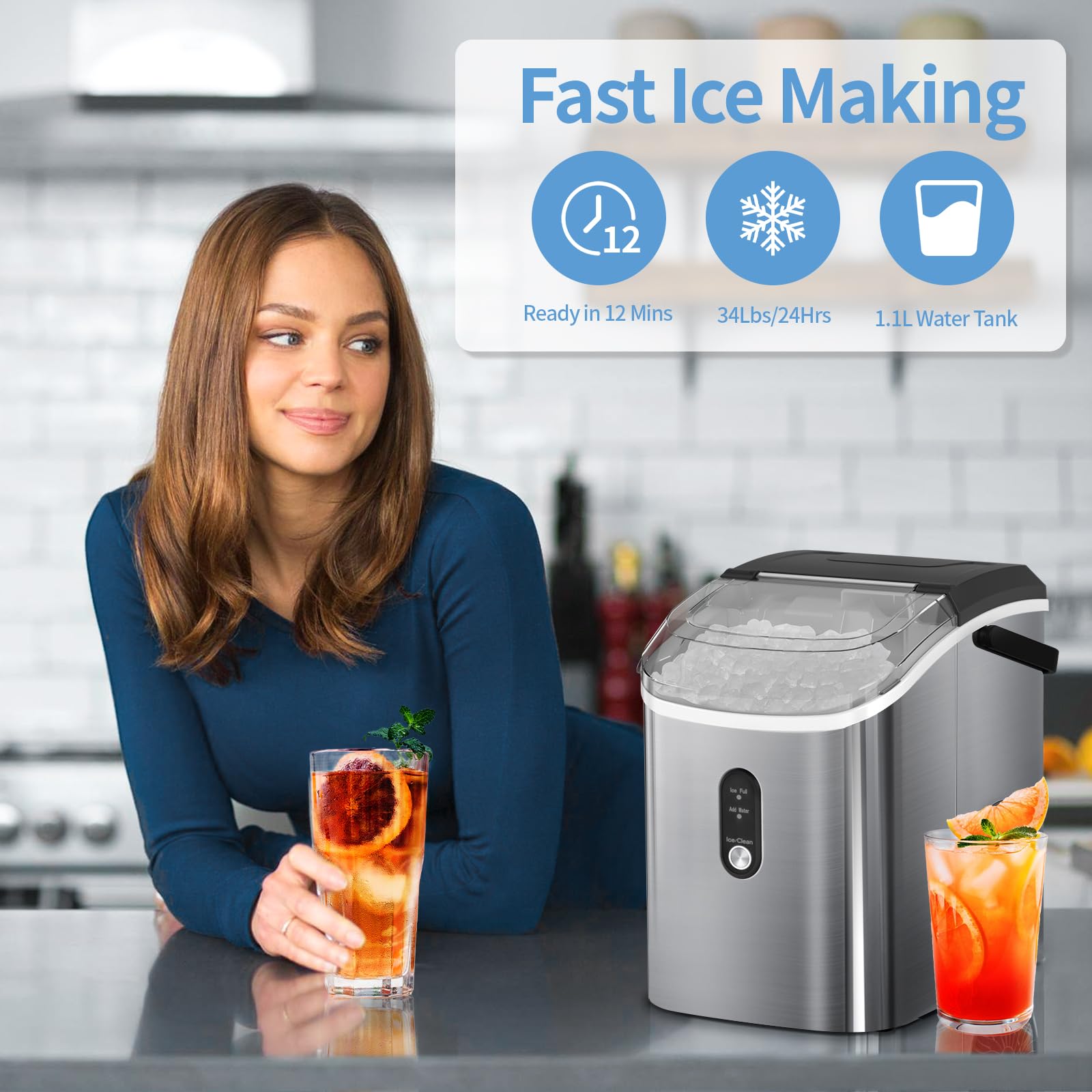 Nugget Countertop Ice Maker with Chewable Pellet Ice, Antarctic Star Portable Ice Machine Pebble Ice with Self-Cleaning, 34Lbs/24H, One Button Operation, for Kitchen, Home Stainless Steel Black