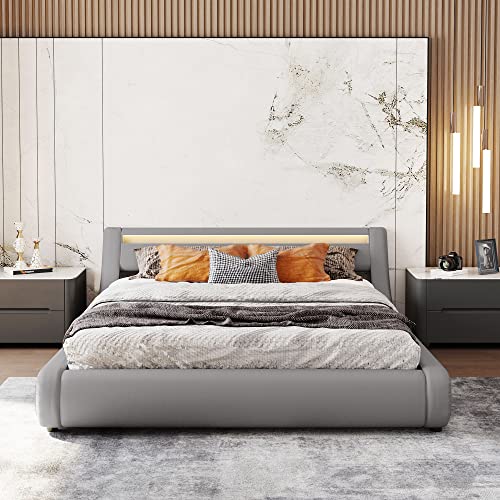 MACHOME Queen Size Faux Leather Upholstered Platform Bed with Hydraulic Storage System, with LED Light Upholstered Headboard, Bedframe w/Wood Slat Support, for Bedroom, Kids Room, Guest Room, Gray