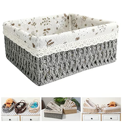 KLKCMS Multipurpose Rattan Storage Basket Decorative Baskets for Living Room Tabletop Bedroom, Medium Grey A