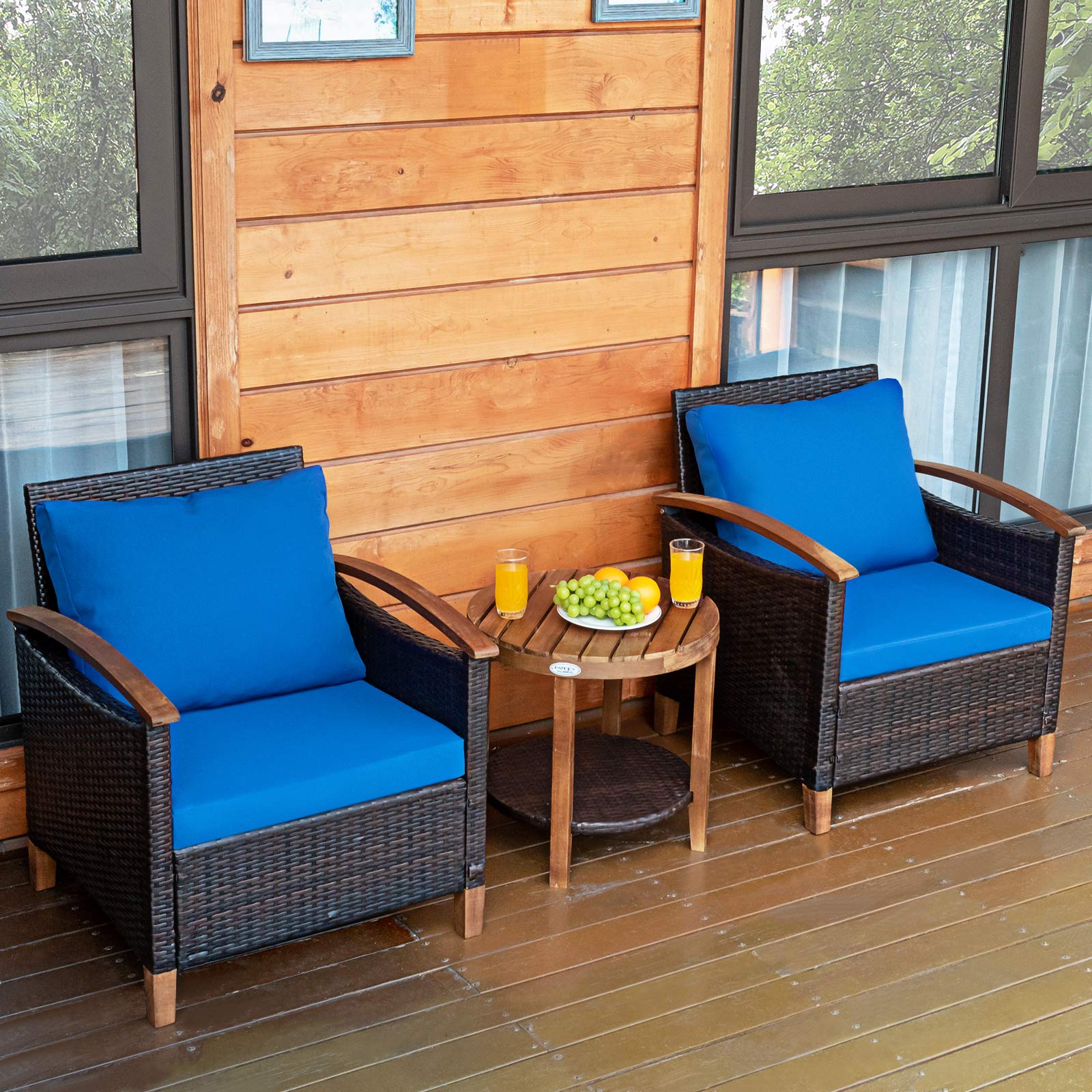 Tangkula 3 Pieces Patio Furniture Set, Outdoor Rattan Sofa and Side Table w/Solid Acacia Wood Frame, High Load Bearing Conversation Bistro Set w/Washable and Removable Cushions (Navy Blue)