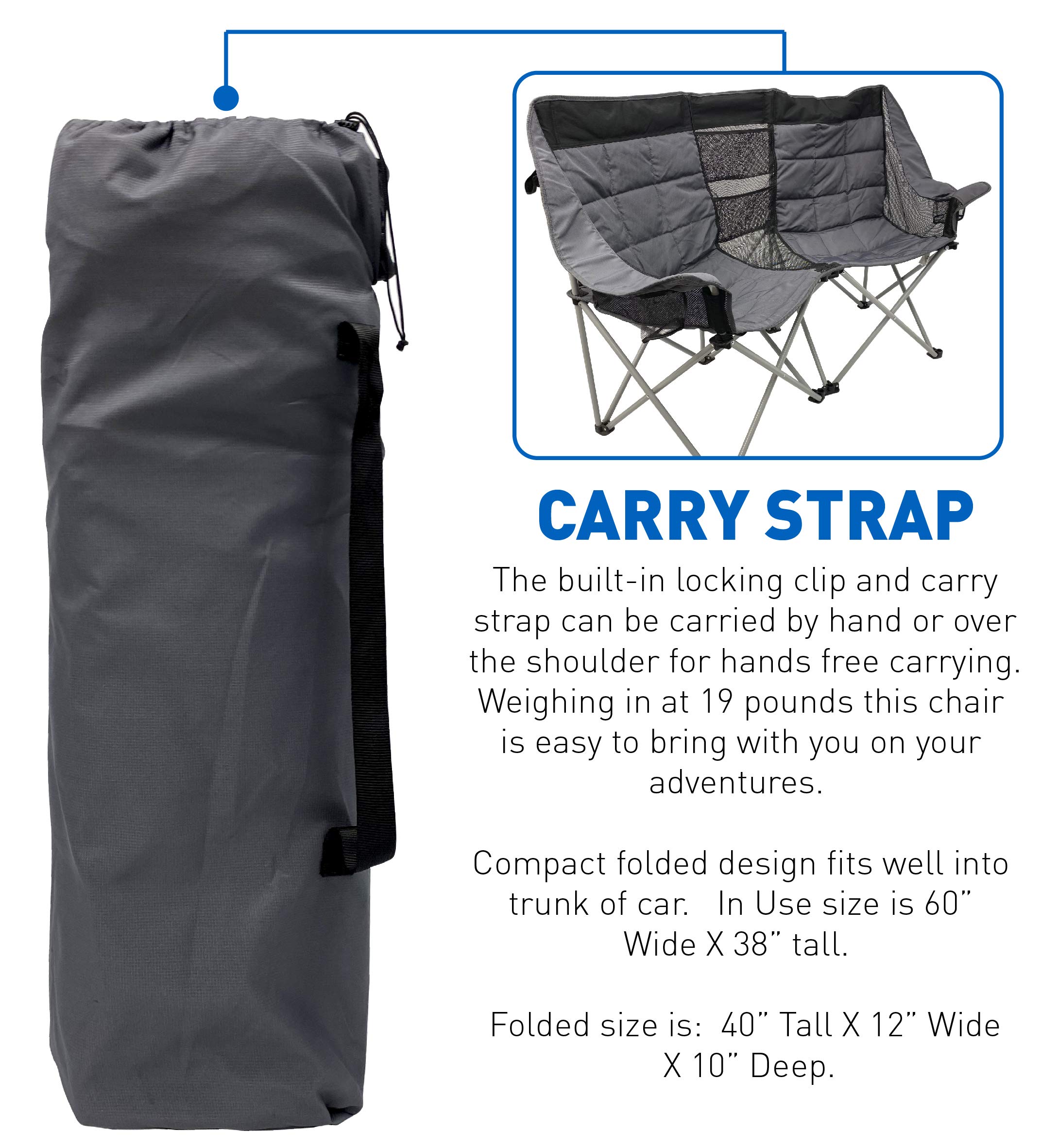 EasyGo Product Camping Chair - Double Love Seat Heavy Duty Oversized - Folds Easily and is Padded, Black Grey