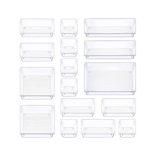 Modern-Depo 16 PCS Plastic Drawer Organizer Storage Bins Clear Drawer Dividers Trays for Makeup, Jewelry, Kitchen Untensils, Gadgets, Office, 5 Sizes