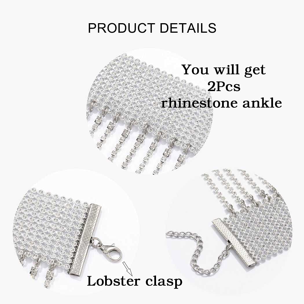 ELABEST Rhinestone Ankle Bracelets Crystal Tassel Anklet 2pcs Glitter Tennis Foot Chain Wedding Jewelry Accessories for Women(Silver)