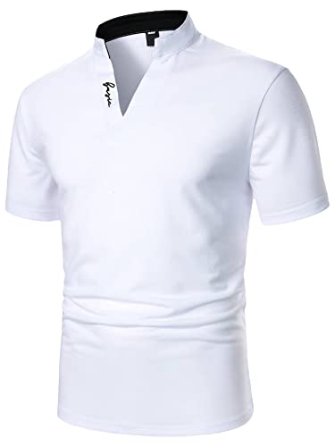 SheIn Men's Contrast Collar Short Sleeve Golf Polo Shirt Button Up Regular Fit T Shirts V Cut White XXL