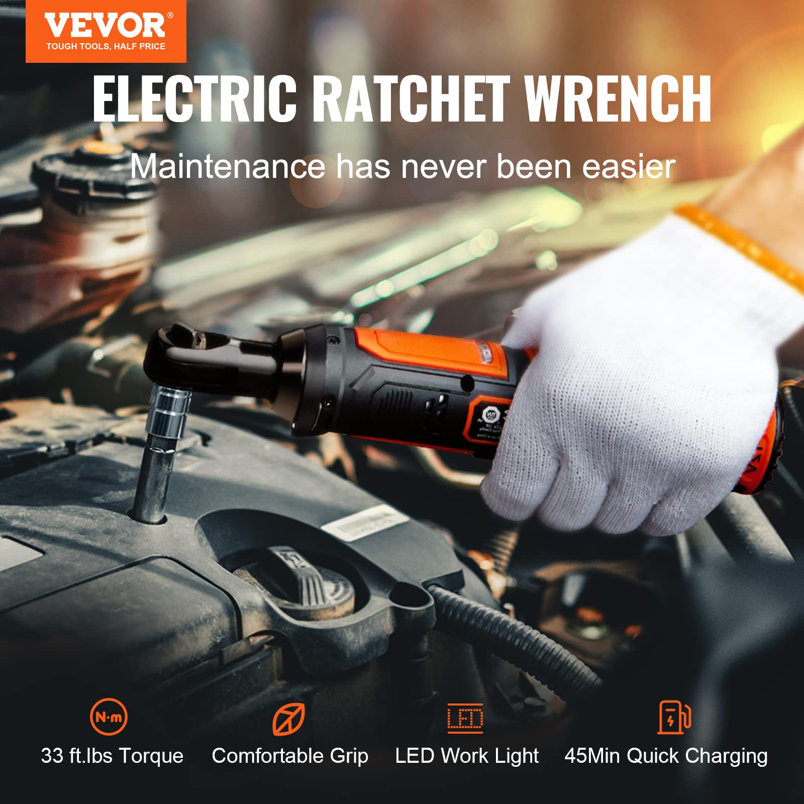 VEVOR 3/8" Cordless Electric Ratchet Wrench Set, 33 Ft-lbs 12V Power Ratchet Tool Kit with 45-Min Fast Charge, 2-Pack 2.0Ah Battery, Built-in LED Light, Variable Speed Trigger, 10 Sockets