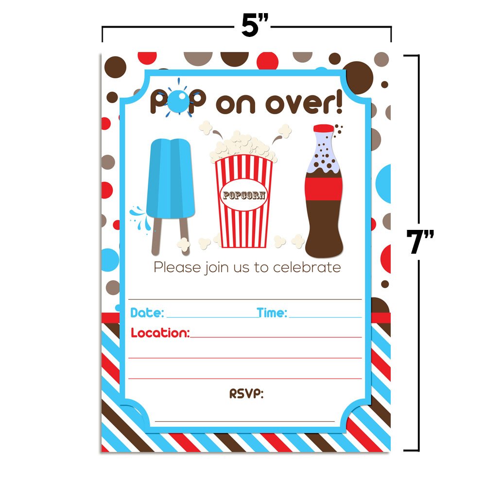 Pop On Over Soda and Popcorn Birthday Party Invitations, 20 5x7 Fill In Cards with Twenty White Envelopes by AmandaCreation