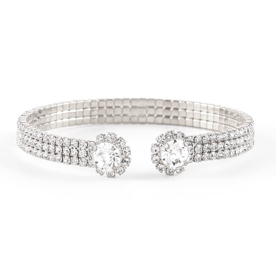 ELABEST Rhinestone Bracelet Silver Flower Bracelet Multi Row Bracelet Sparkly Hand Chain Bracelet Cuff Adjustable Wedding Parties Jewelry Accessories for Women (Silver)