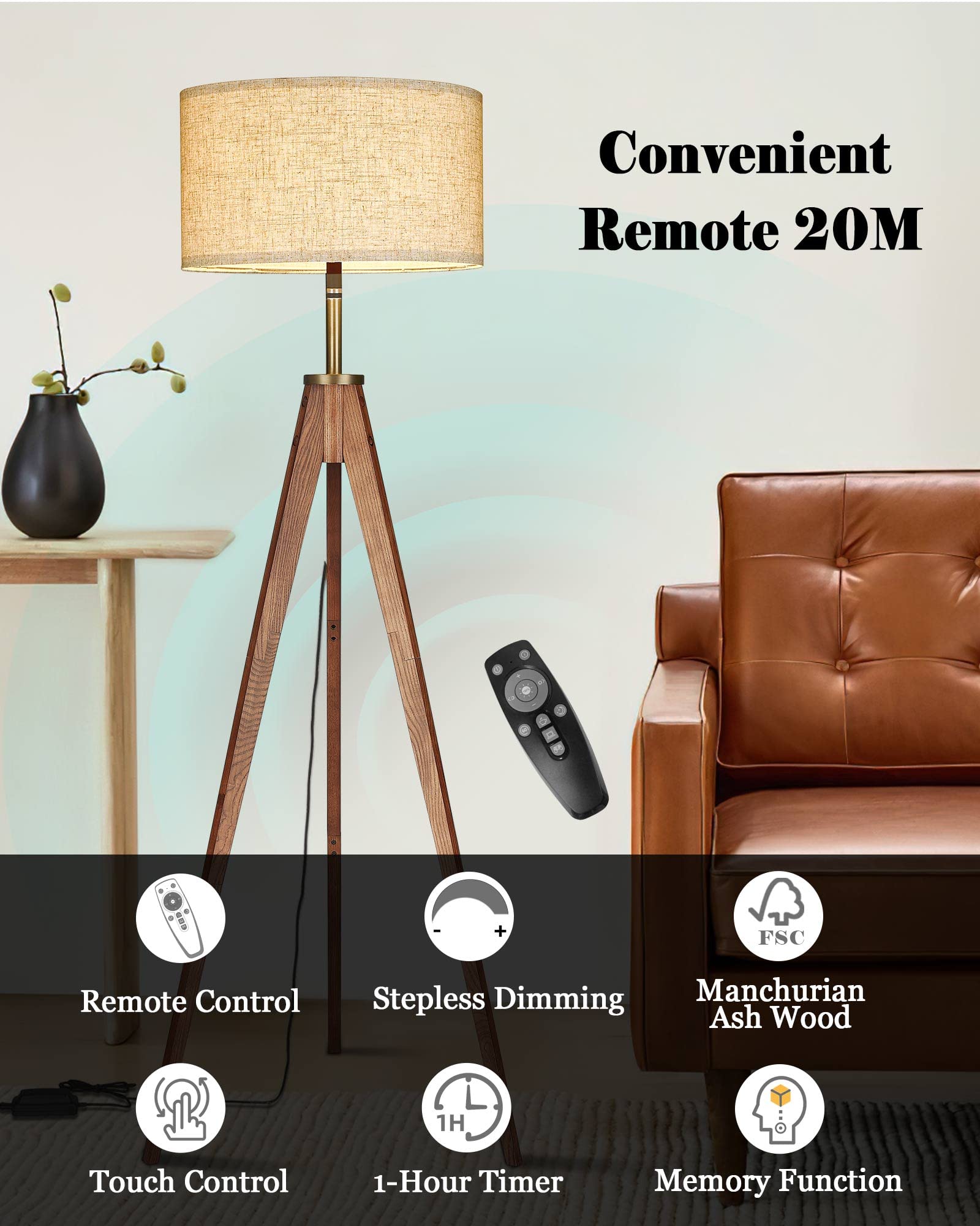 ELYONA Tripod Floor Lamp with Remote for Bedroom, Solid Ash Wood, Stepless Dimmer & Color Temperature LED Bulb Included, Mid Century Modern Touch Control Standing Light for Living Room, Brown