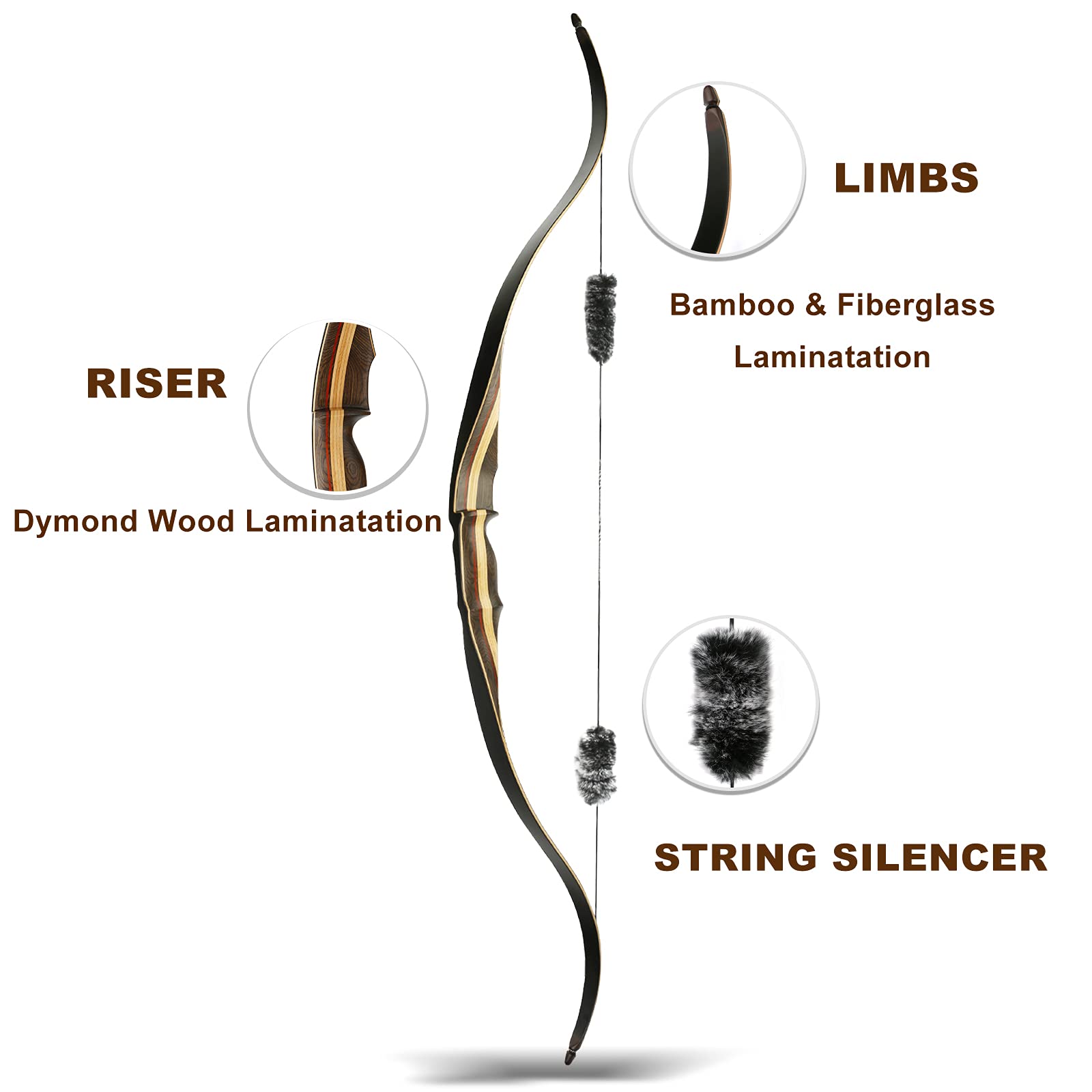 Deerseeker Archery 60" Traditional Recurve Bow One Piece Longbow Handmade Hunting Bow Set Laminated Bamboo Limbs RH & LH for Adults & Youth Bow Practice Target Shooting R60lbs