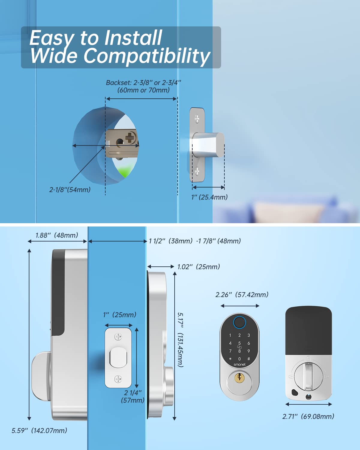 Door Locks with Keypads,SMONET Fingerprint Keyless Entry Smart Deadbolt with Auto Lock Touchscreen,Electric Digital Biometric Front Door Lock with Fobs Code Key,Wireless Home Combination Lock Gifts