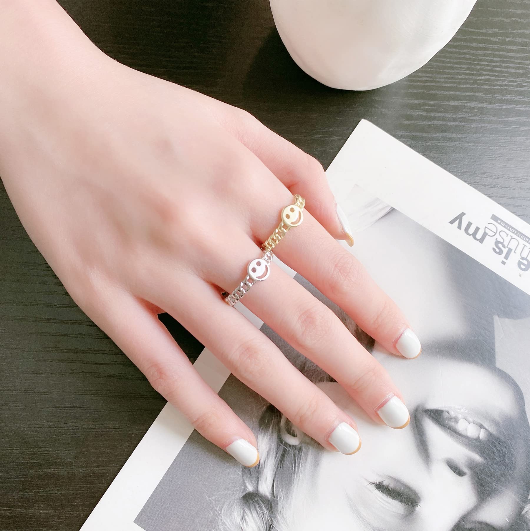 DXZNBEST Women Smiley Face Ring Good Luck Band Open Smiling Happy Face Rings Statement Jewelry Adjustable Bands for Women Men 2PCS