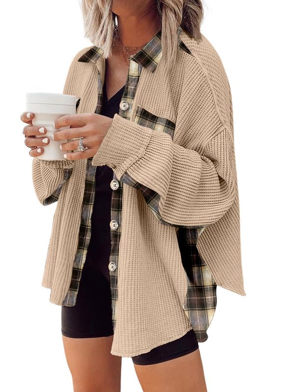 SHEWIN Womens Waffle Knit Plaid Shacket Button Down Shirts Jacket Boyfriend Shirts Long Sleeve Tops Fall Clothes for Women 2023 Apricot S