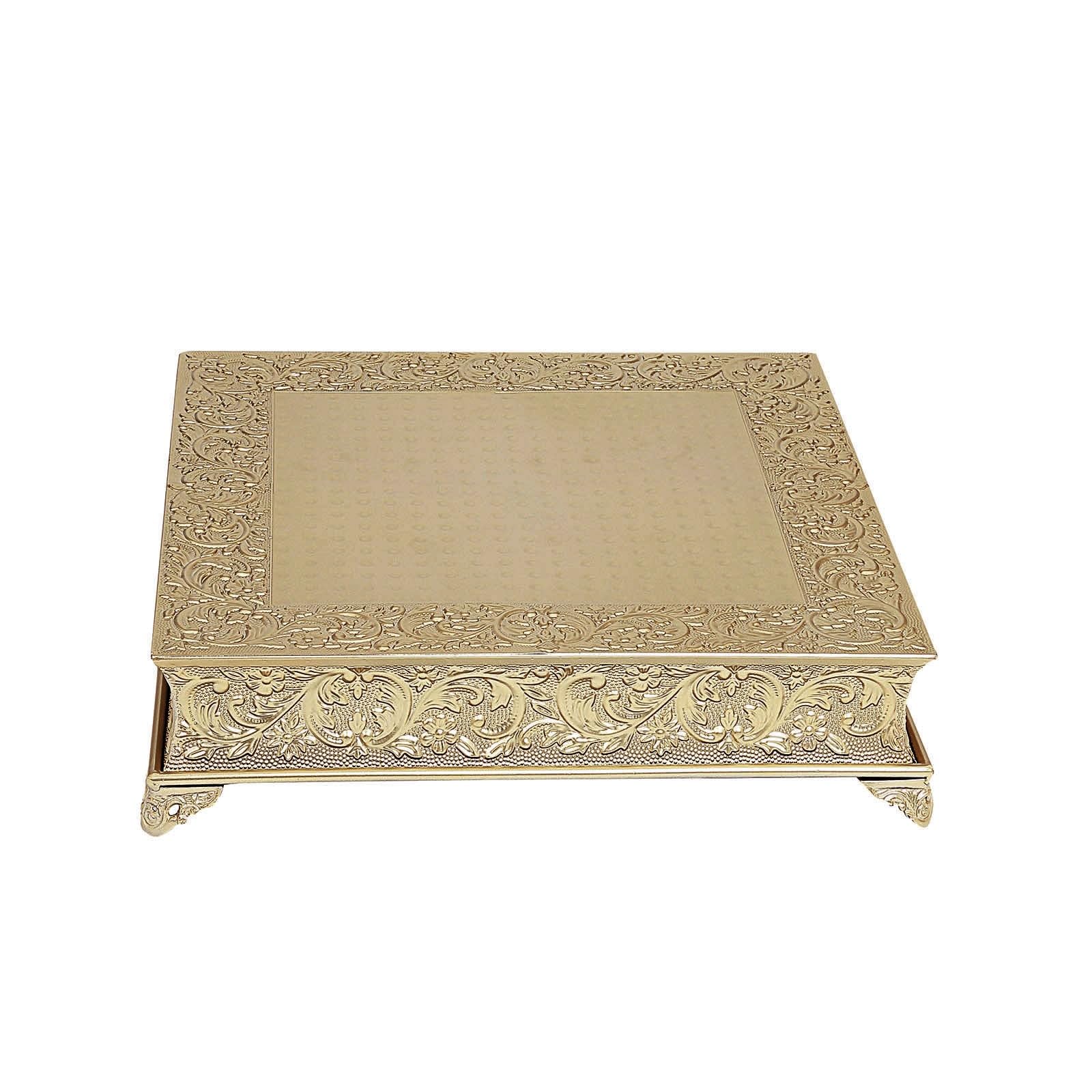 Efavormart 22” Gold Square Embossed Metal Cake Plateau Stand Riser Wedding Birthday Party Dessert Cake Pedestal Display Plate